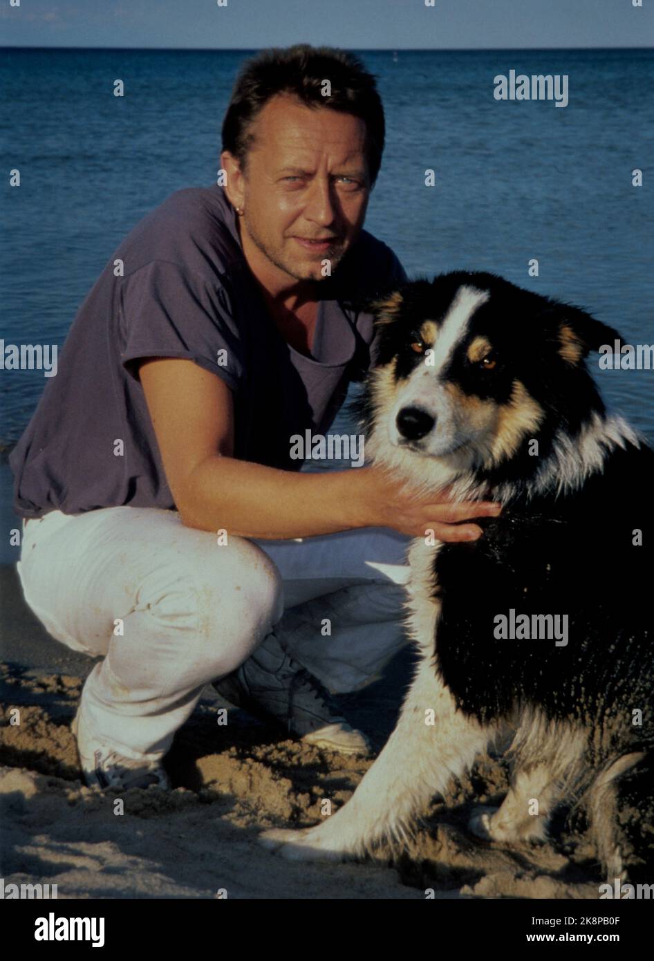 199007 artist ulf lundell with dog on the beach photo hi-res stock ...