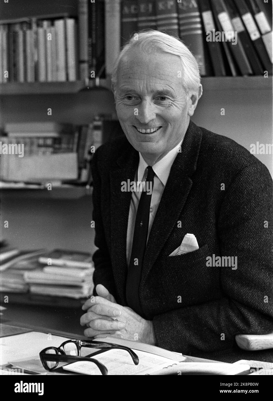 Oslo 19691223 NRK employee Lauritz Johnson at the desk. Photo: / NTB ...