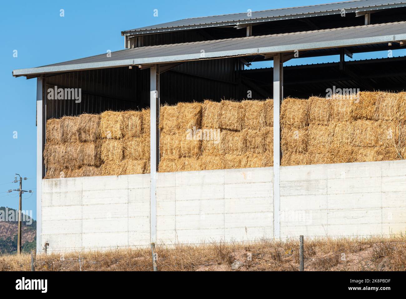An aerial view of various hay straw bales stored in warehouse Stock ...