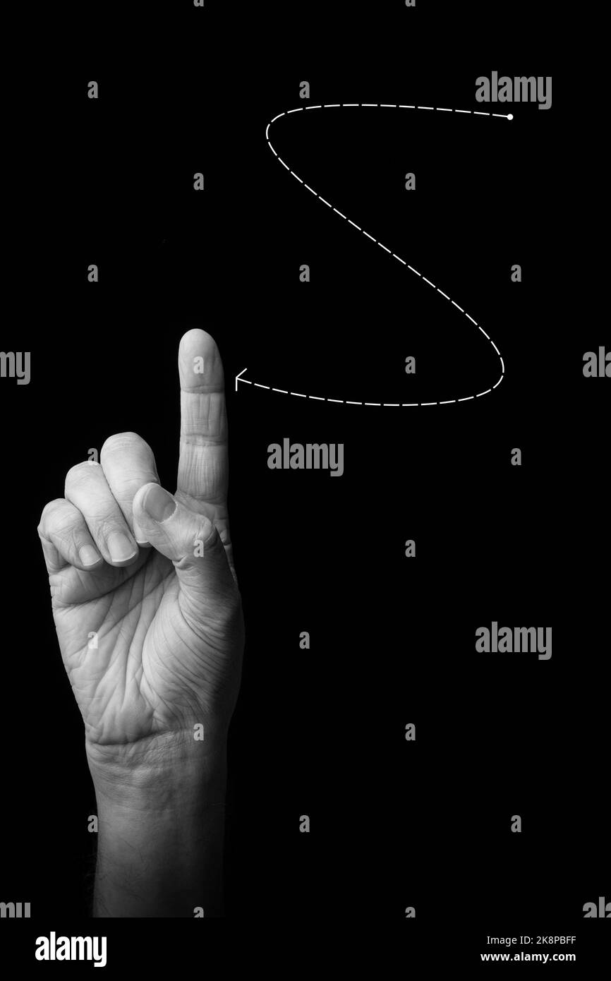 Dramatic black and white image of a male hand fingerspelling the ...