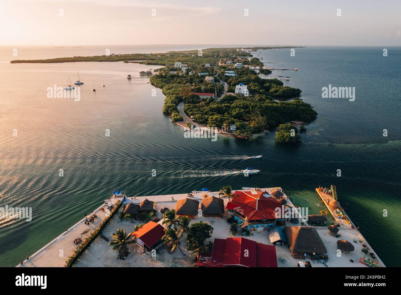 An aerial shot of the split at Caye Caulker surrounded by islands and ...
