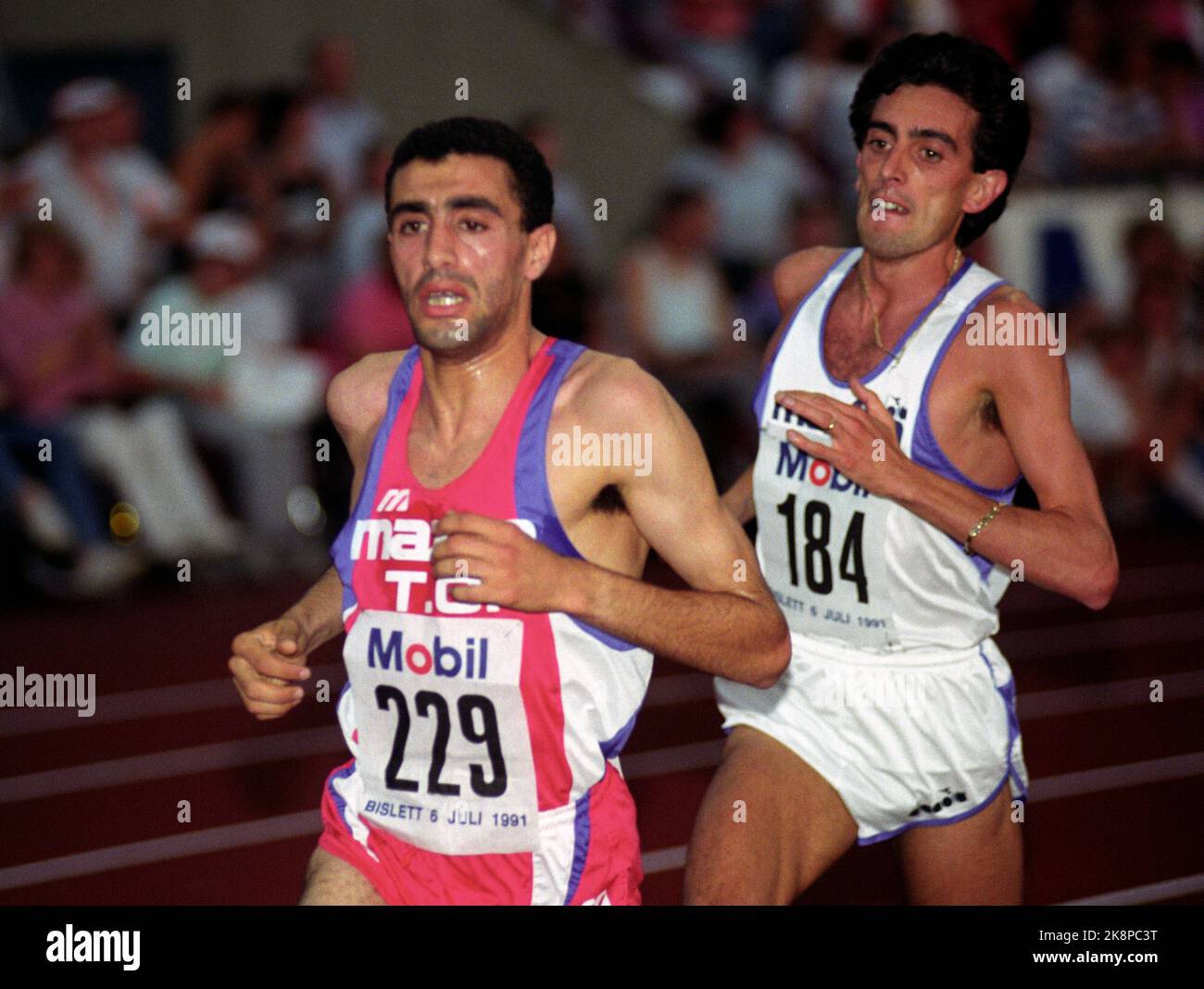 Oslo July 1991 Bislett Games. Athlete Khalid Skah (TV) in action ...
