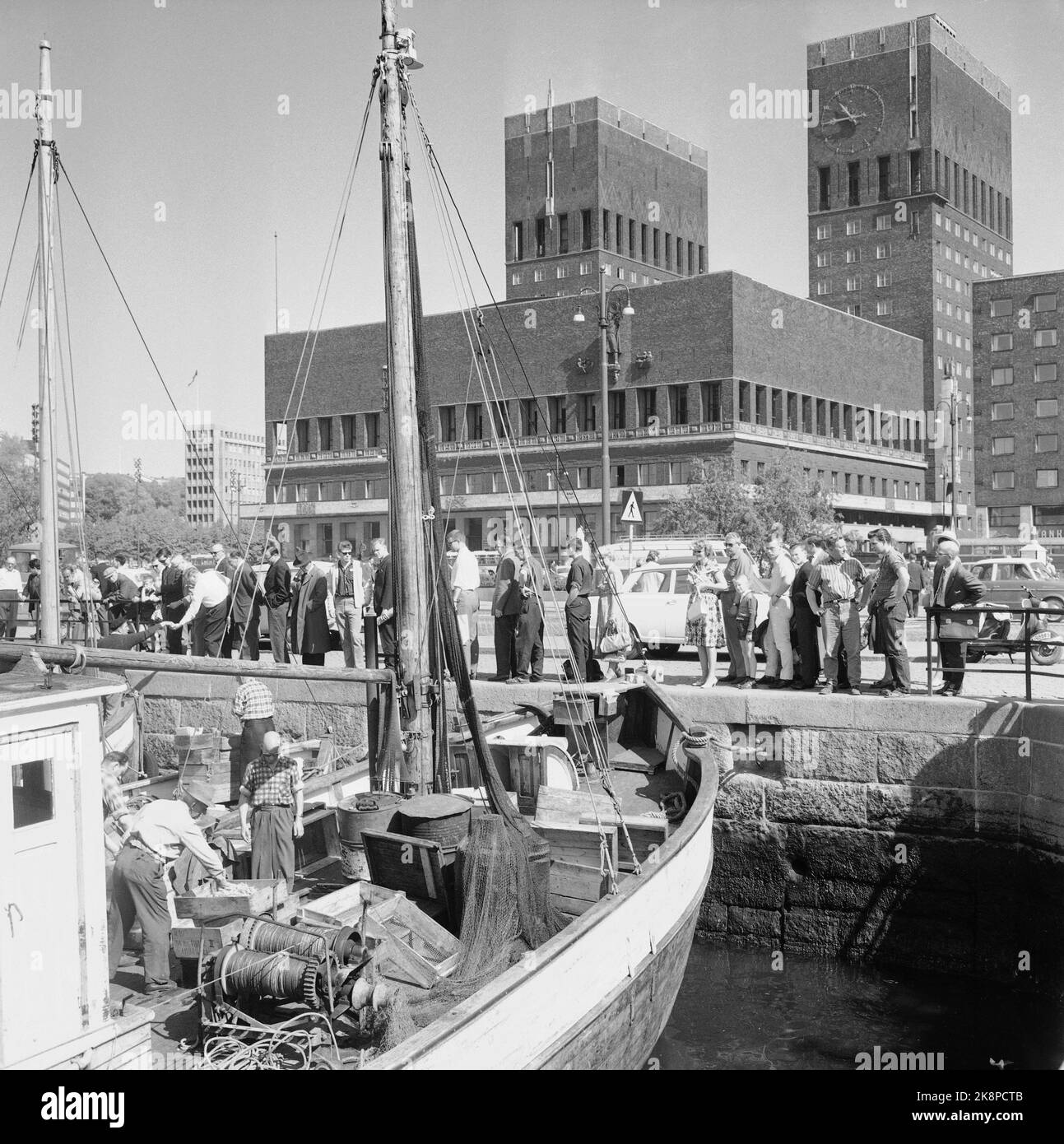 Oslo, May 30, 1963. Aker Brygge with cranes and large cargo ships. A ...