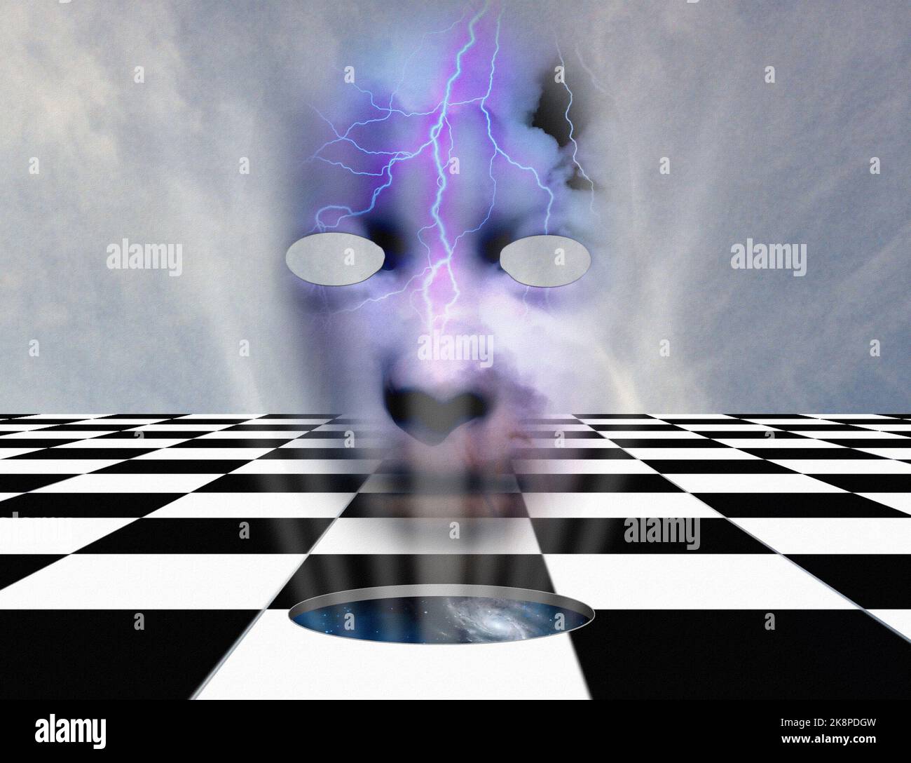 Surrealism. Chessboard with hole to another dimension. Mask with clouds ...