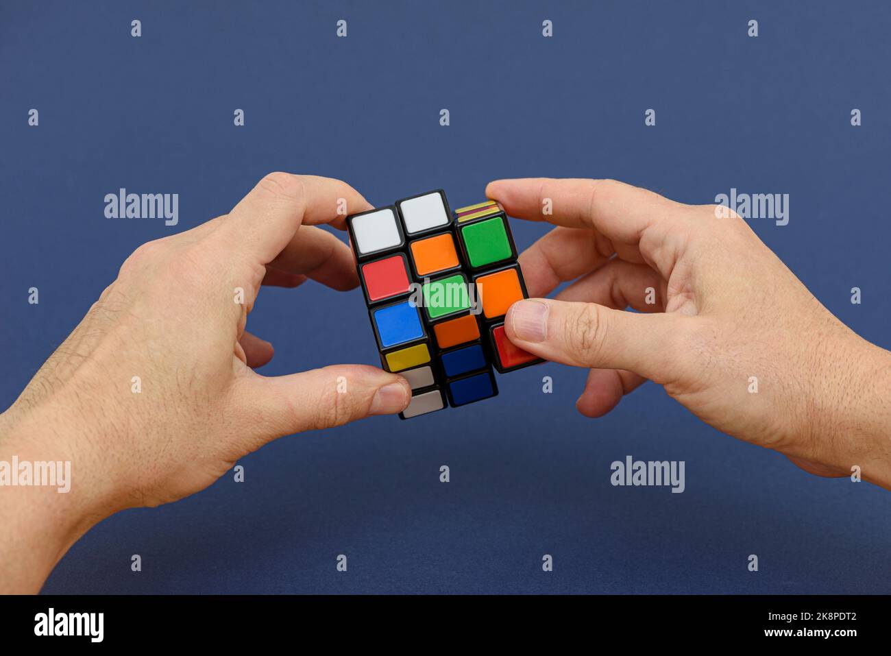 ISTANBUL - TURKEY - OCTOBER 3, 2022: Rubik's cube in man hands, closeup ...