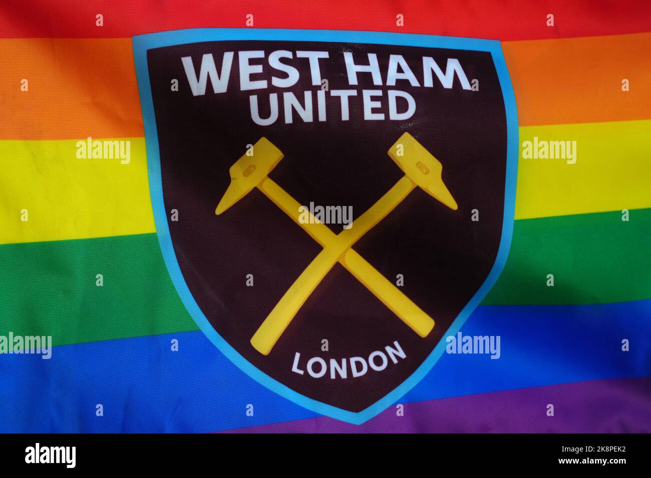 A general view of a West Ham United logo on a rainbow flag ahead of the ...