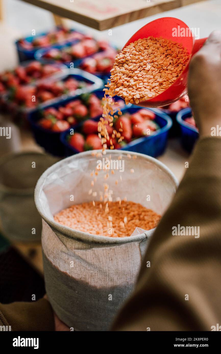 A vertical of a shop assistant pouring red lentils in a sack Stock ...