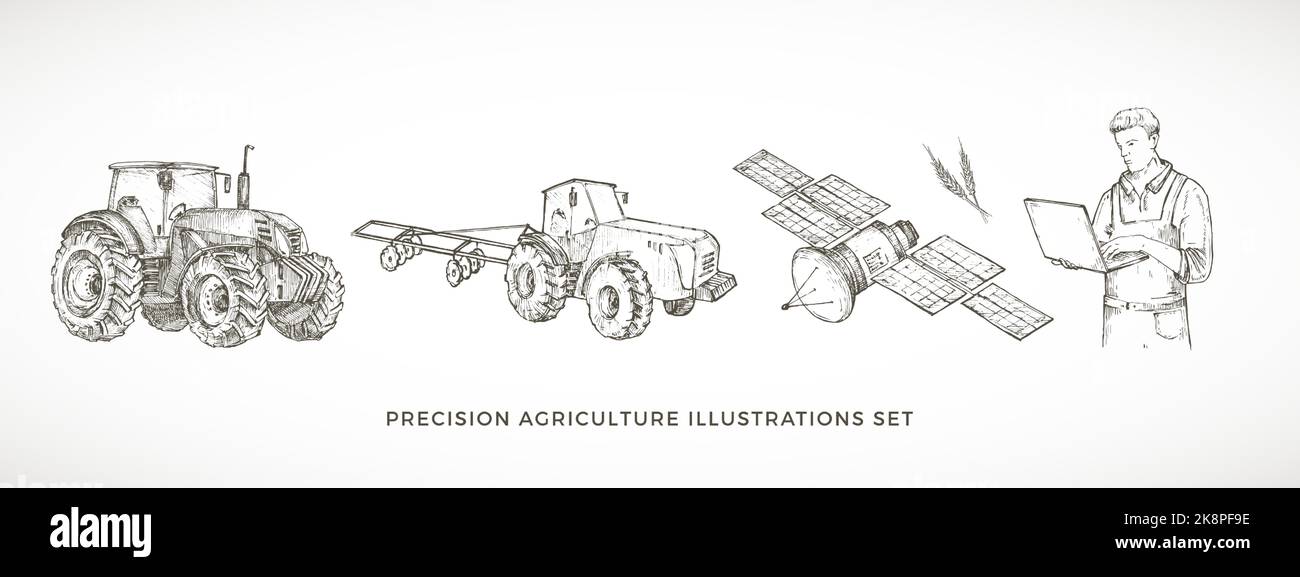 Precision Agriculture Vector Illustrations Set. Hand Drawn Farmer with ...