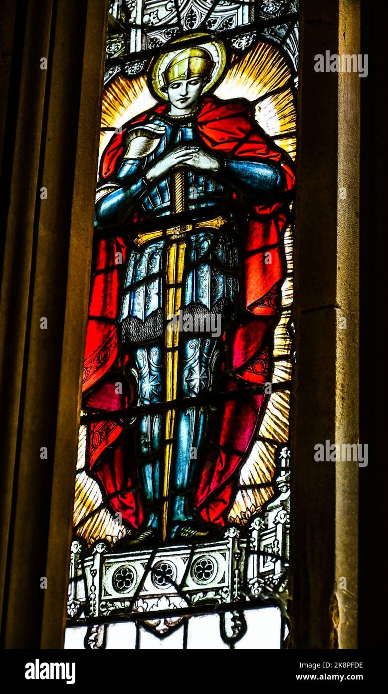 A vertical of a stained glass window in the Carisbrooke Castle, Isle of ...