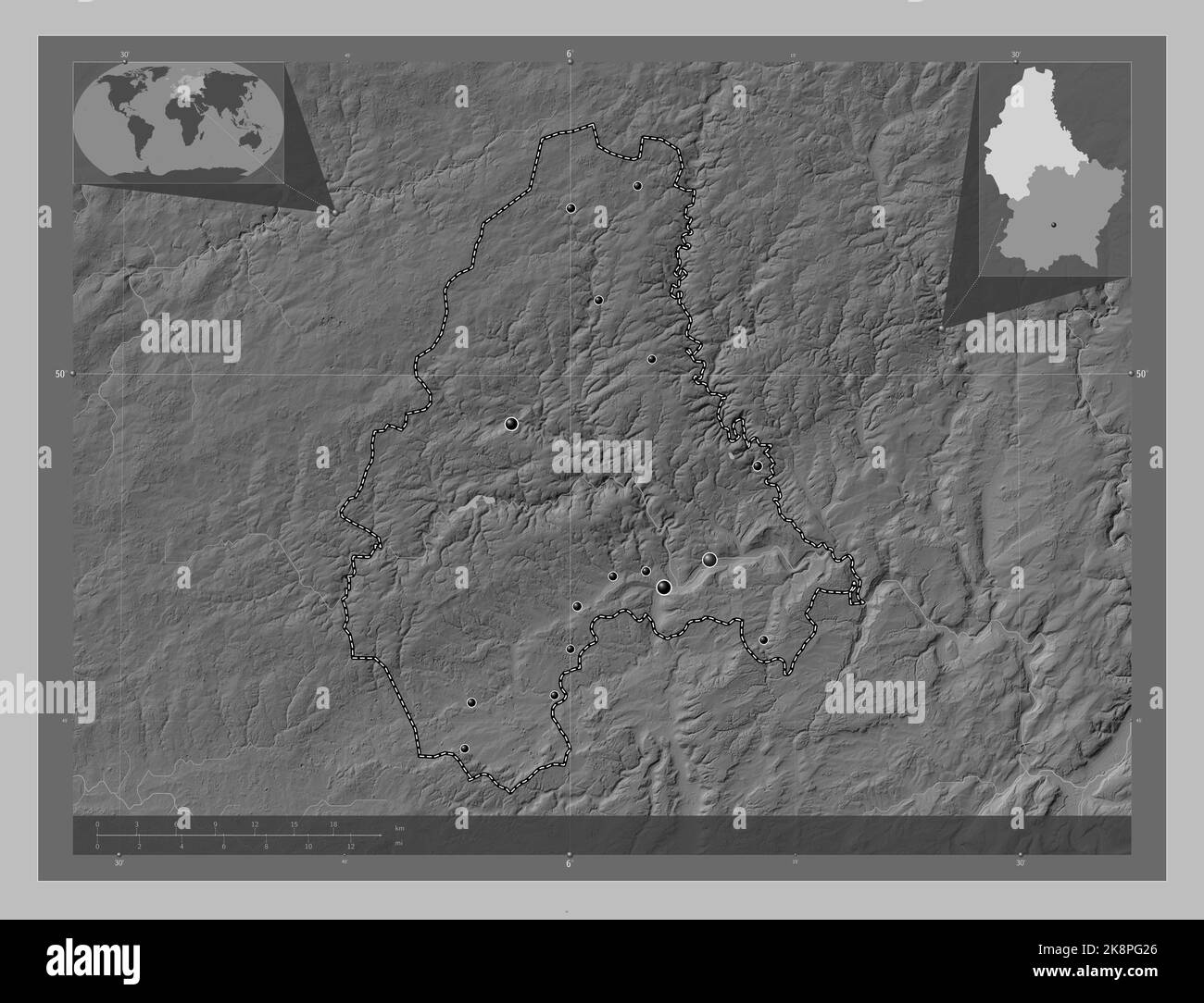 Diekirch, district of Luxembourg. Grayscale elevation map with lakes ...