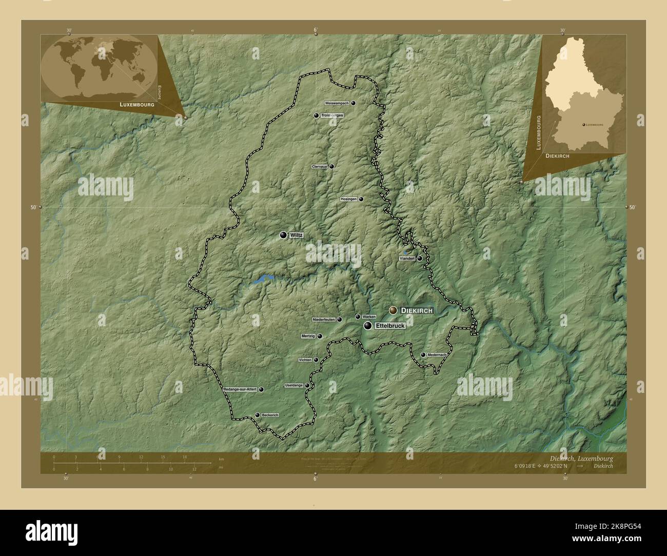 Diekirch, district of Luxembourg. Colored elevation map with lakes and ...