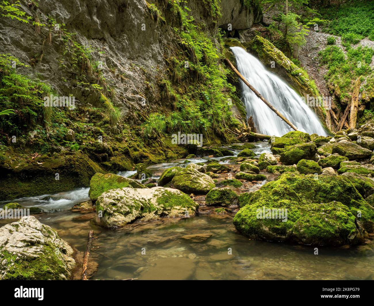 A beautiful landscape of the Fan waterfall with moss covered stones in ...
