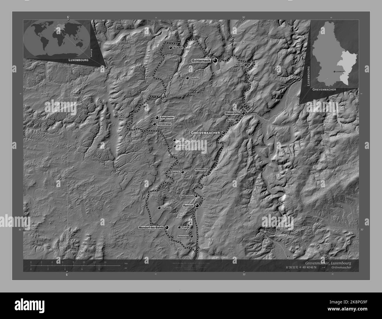 Grevenmacher, district of Luxembourg. Bilevel elevation map with lakes ...