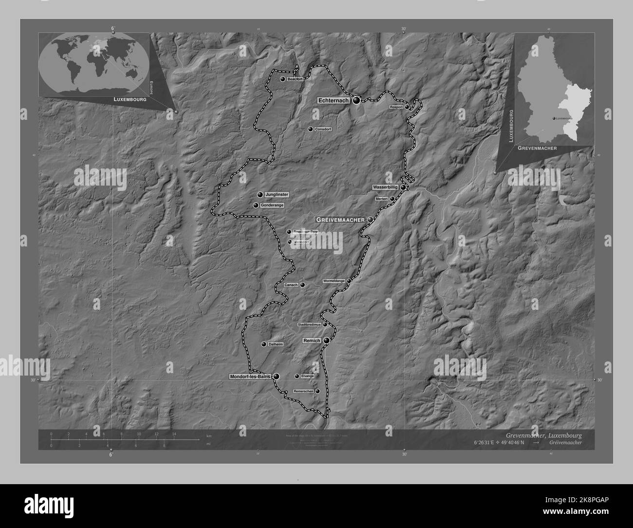 Grevenmacher, district of Luxembourg. Grayscale elevation map with ...