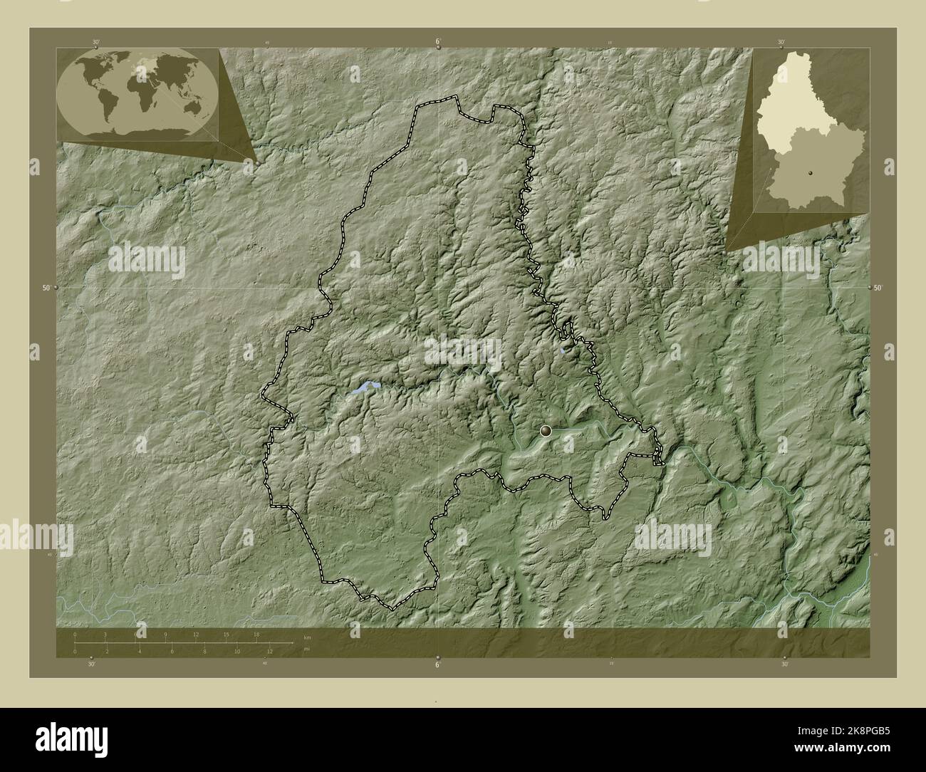 Diekirch, district of Luxembourg. Elevation map colored in wiki style with lakes and rivers ...