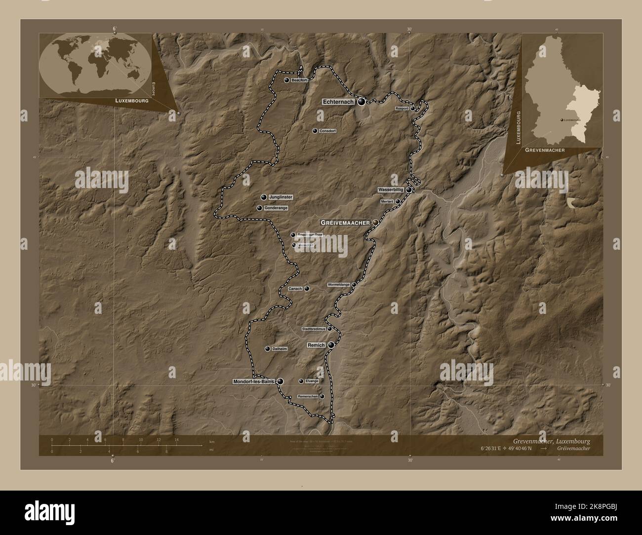 Grevenmacher, district of Luxembourg. Elevation map colored in sepia ...