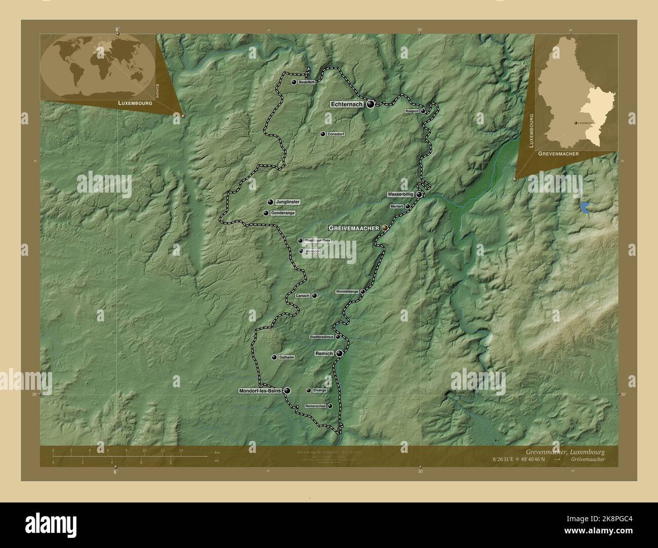 Grevenmacher, district of Luxembourg. Colored elevation map with lakes ...