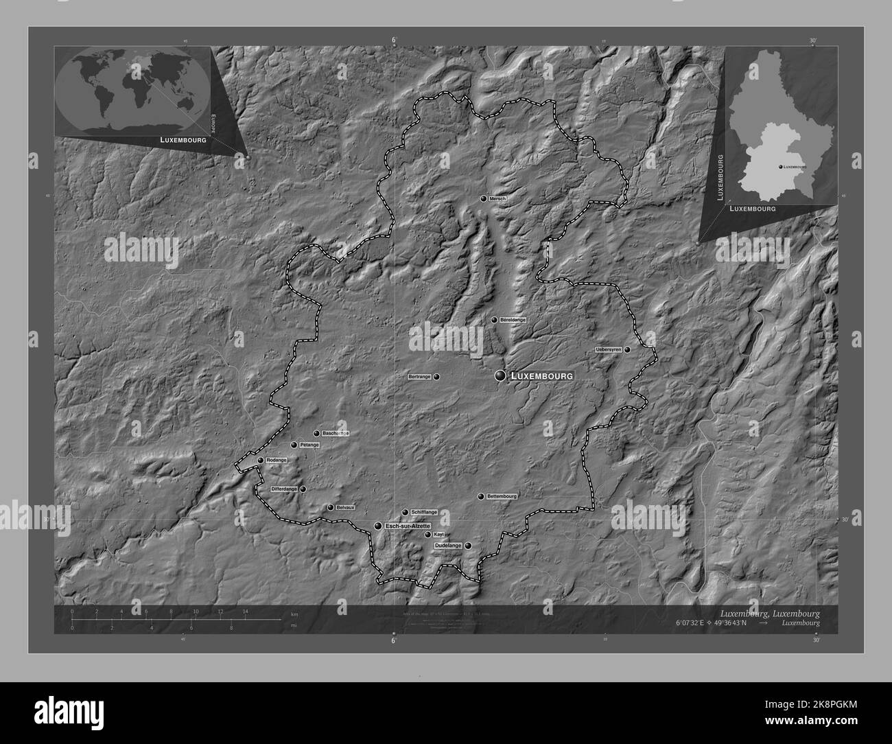 Luxembourg, district of Luxembourg. Bilevel elevation map with lakes ...