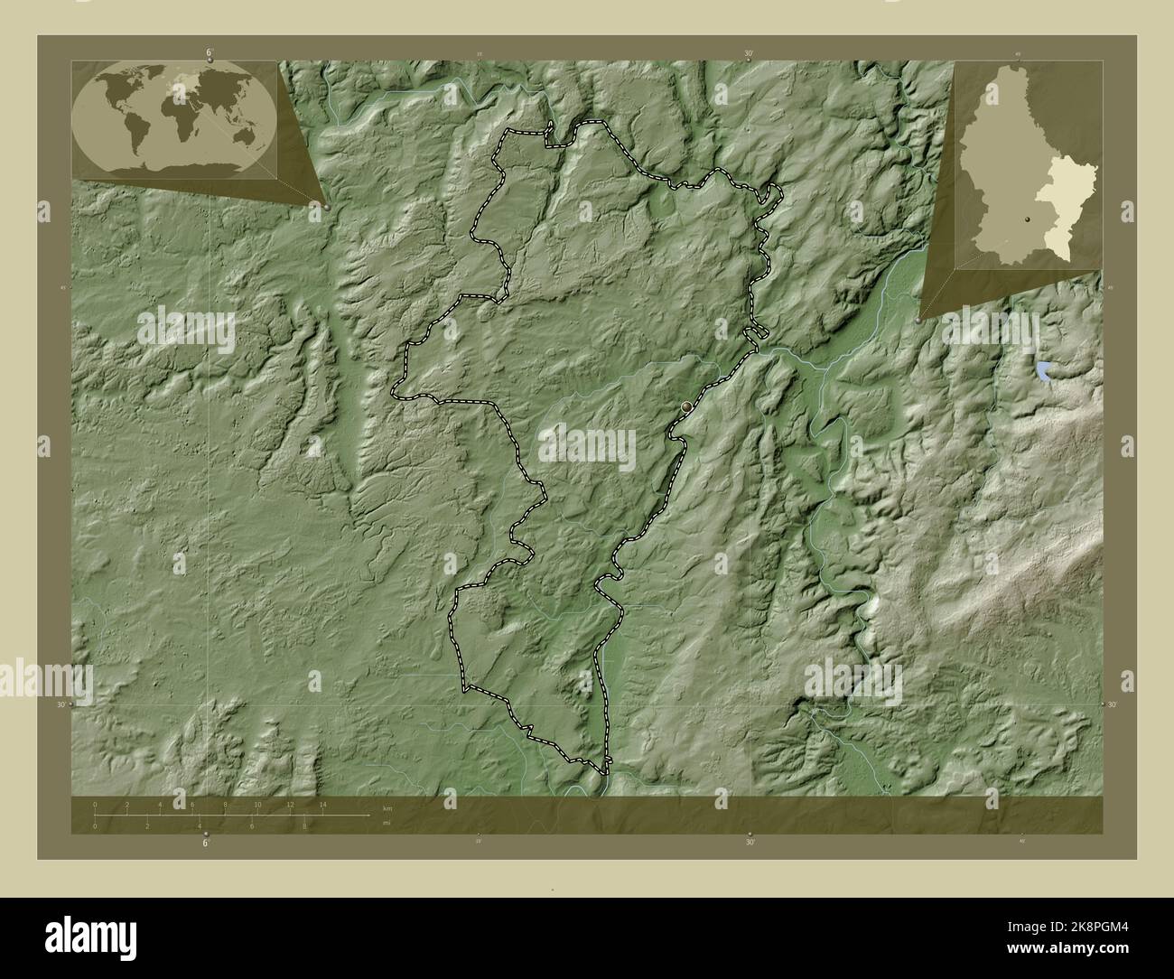 Grevenmacher, district of Luxembourg. Elevation map colored in wiki style with lakes and rivers ...