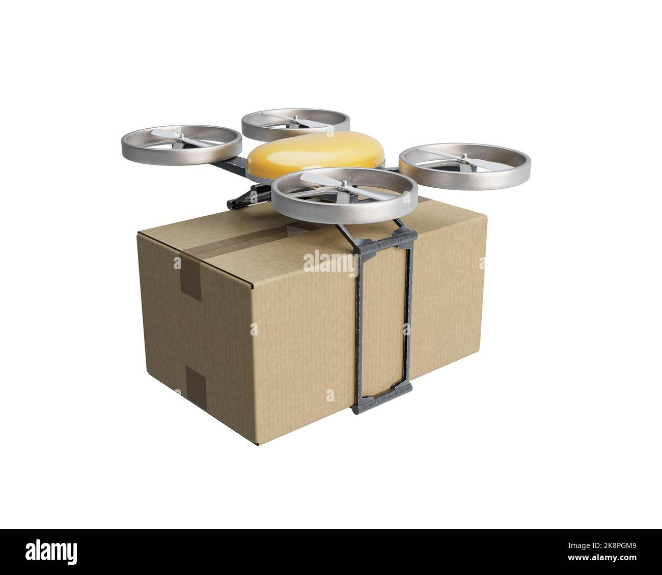 A concept showing a flying delivery drone carrying a box on an isolated ...
