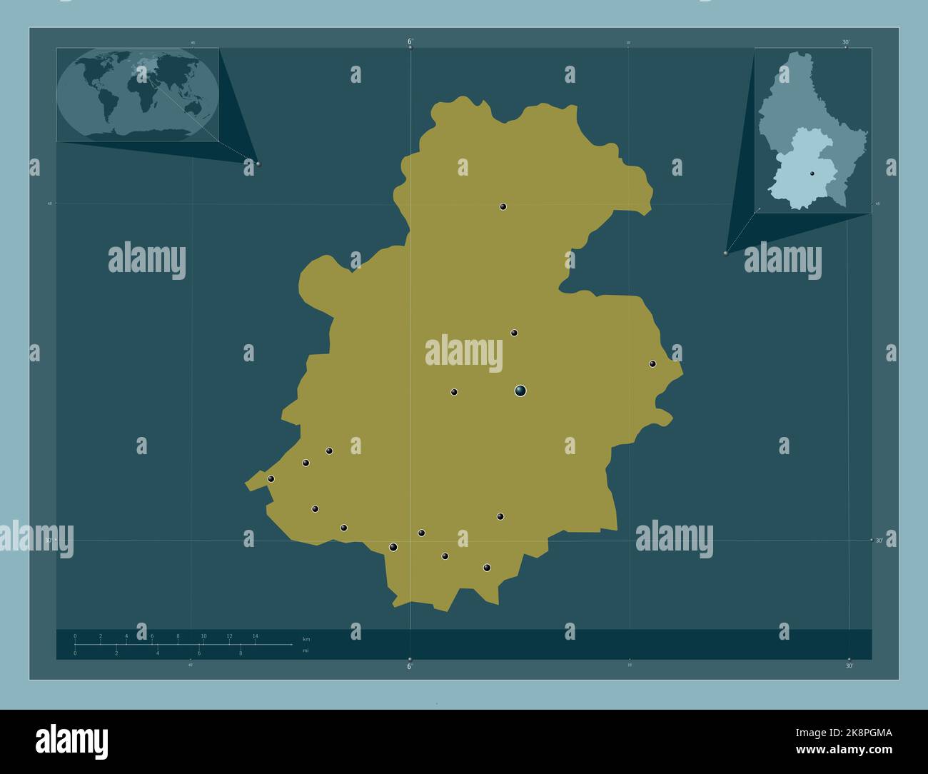 Luxembourg, district of Luxembourg. Solid color shape. Locations of ...