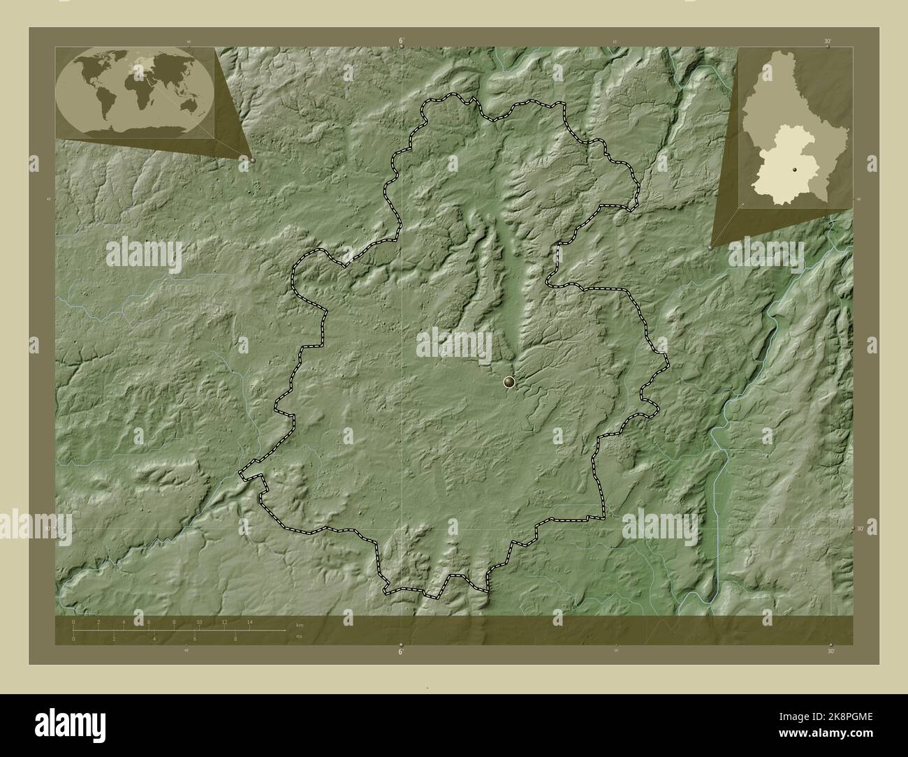 Luxembourg, district of Luxembourg. Elevation map colored in wiki style with lakes and rivers ...