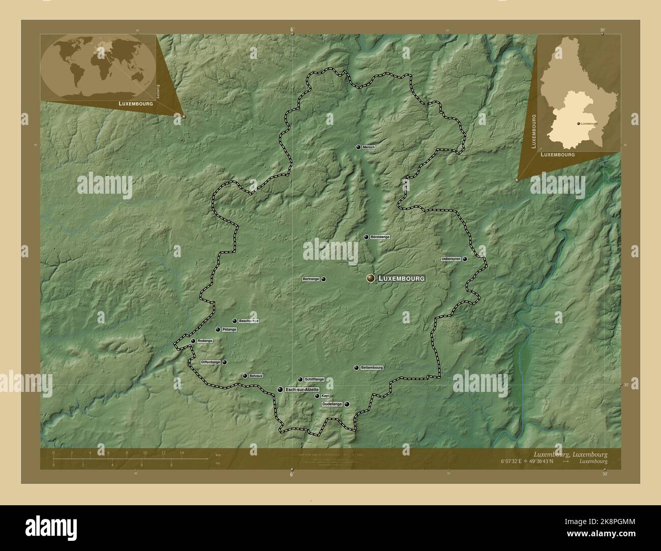 Luxembourg, district of Luxembourg. Colored elevation map with lakes ...