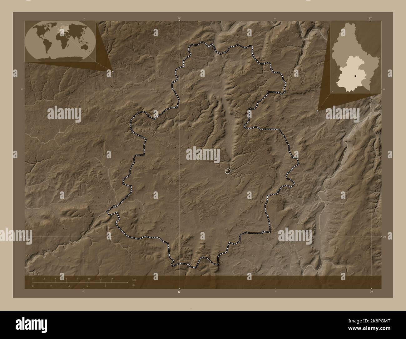 Luxembourg, district of Luxembourg. Elevation map colored in sepia tones with lakes and rivers ...
