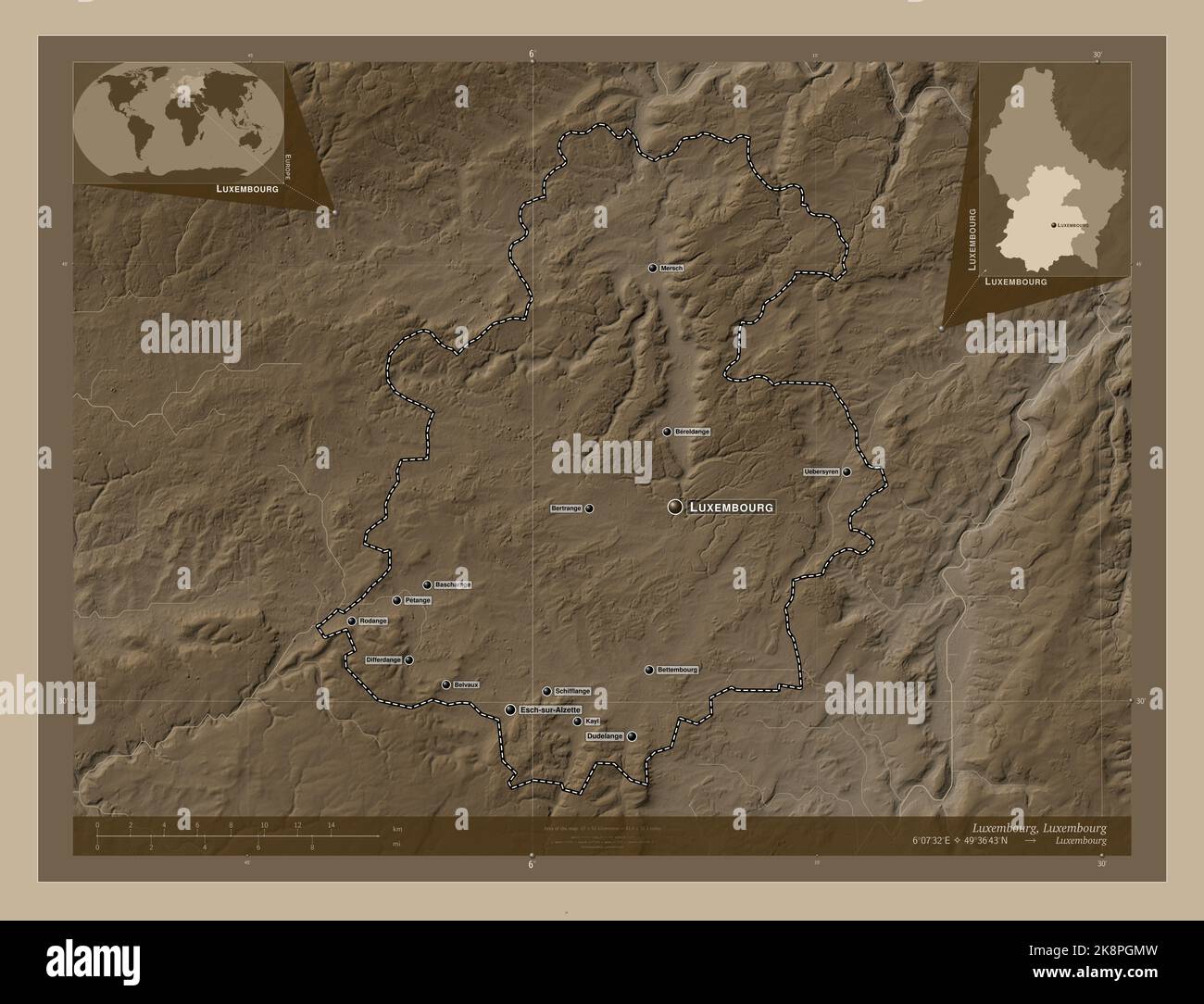 Luxembourg, district of Luxembourg. Elevation map colored in sepia ...