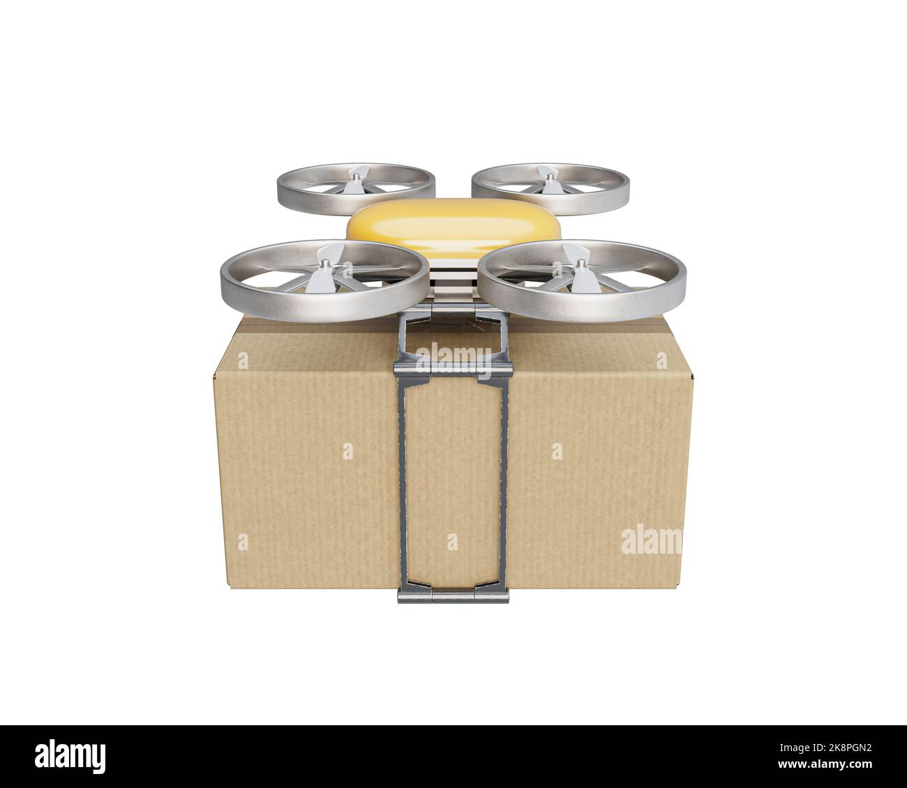 A concept showing a flying delivery drone carrying a box on an isolated ...