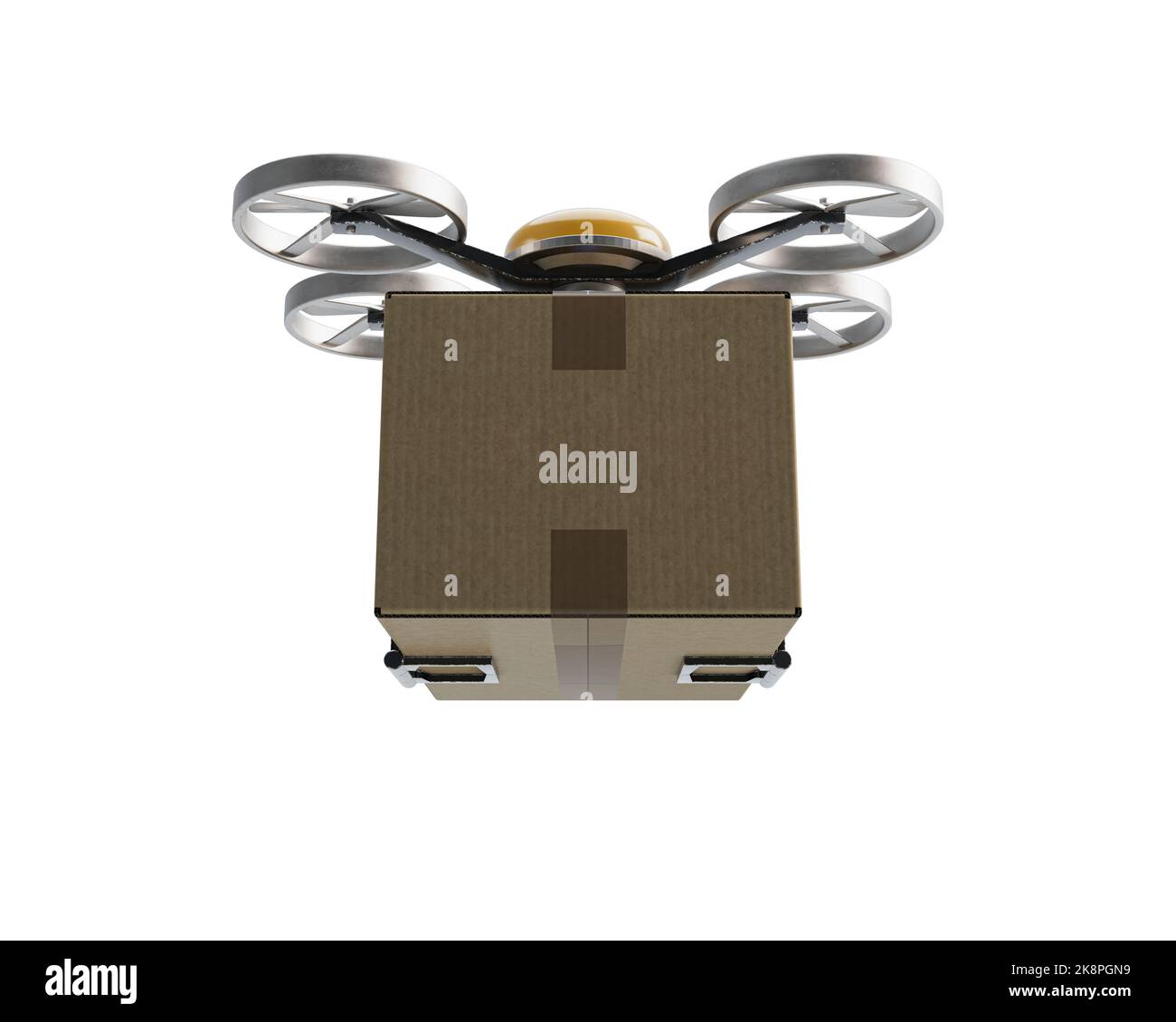A concept showing a flying delivery drone carrying a box on an isolated ...