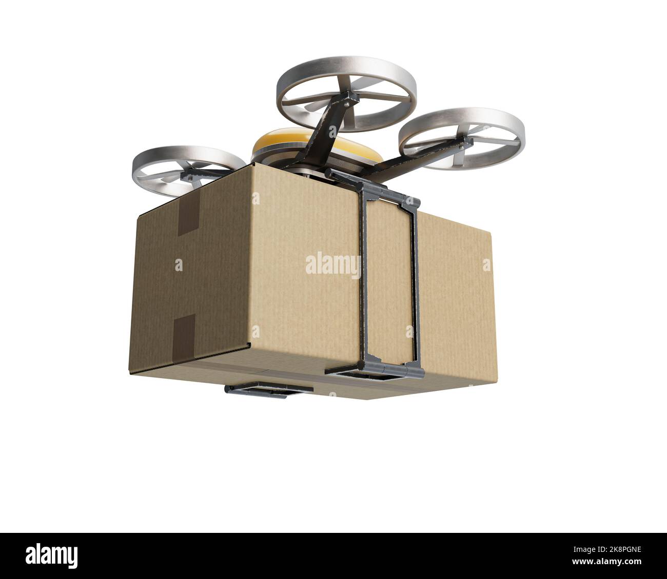 A concept showing a flying delivery drone carrying a box on an isolated ...