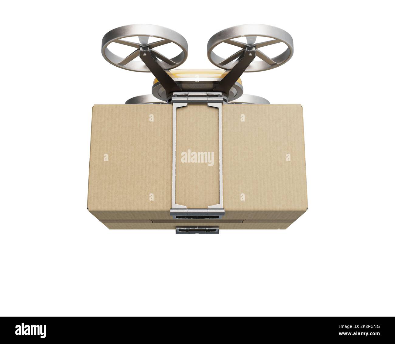 A concept showing a flying delivery drone carrying a box on an isolated ...