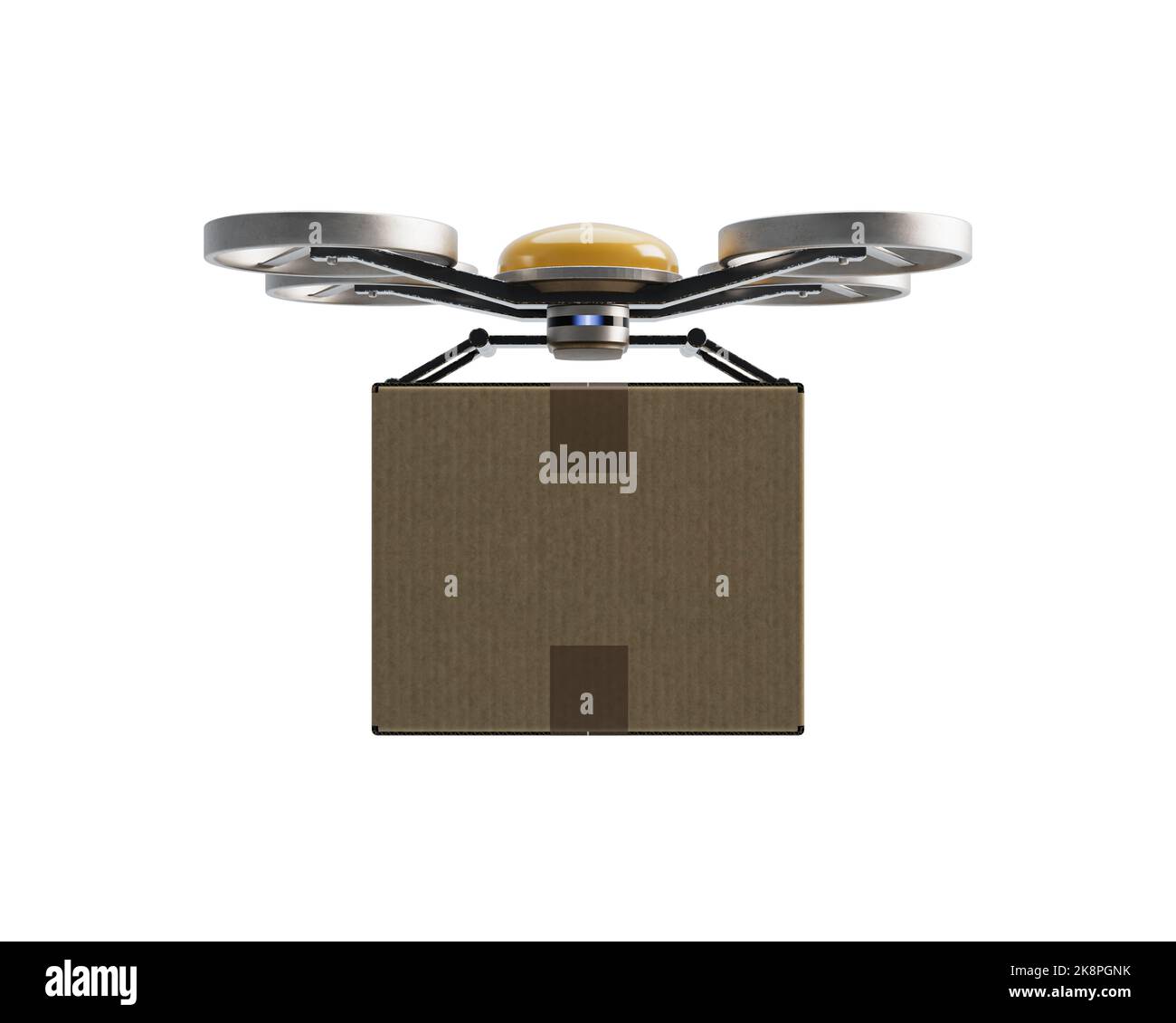 A concept showing a flying delivery drone carrying a box on an isolated ...