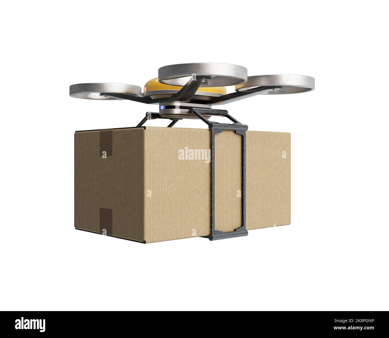 A concept showing a flying delivery drone carrying a box on an isolated ...
