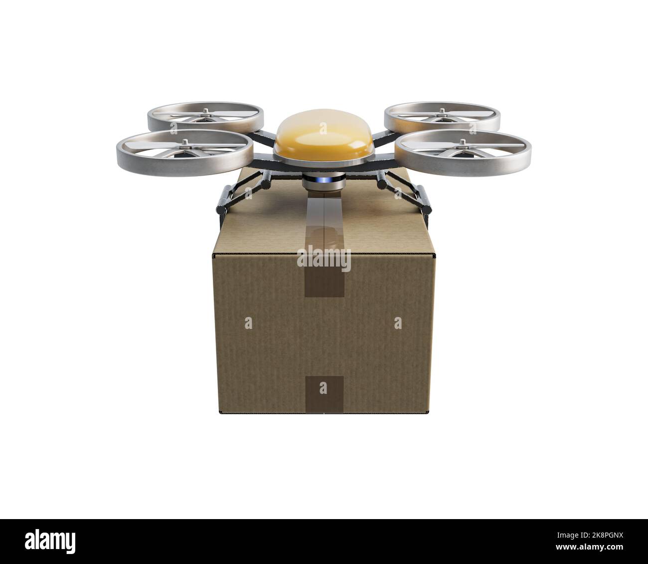 A concept showing a flying delivery drone carrying a box on an isolated ...