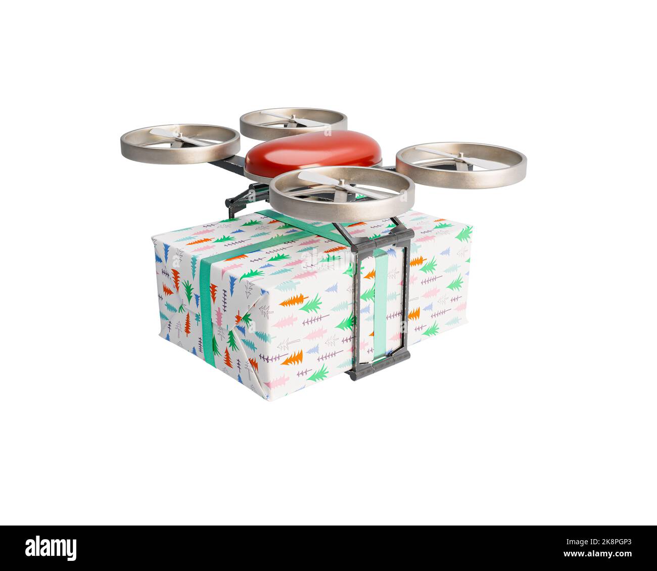 A concept showing a flying delivery drone carrying a christmas wrapped ...