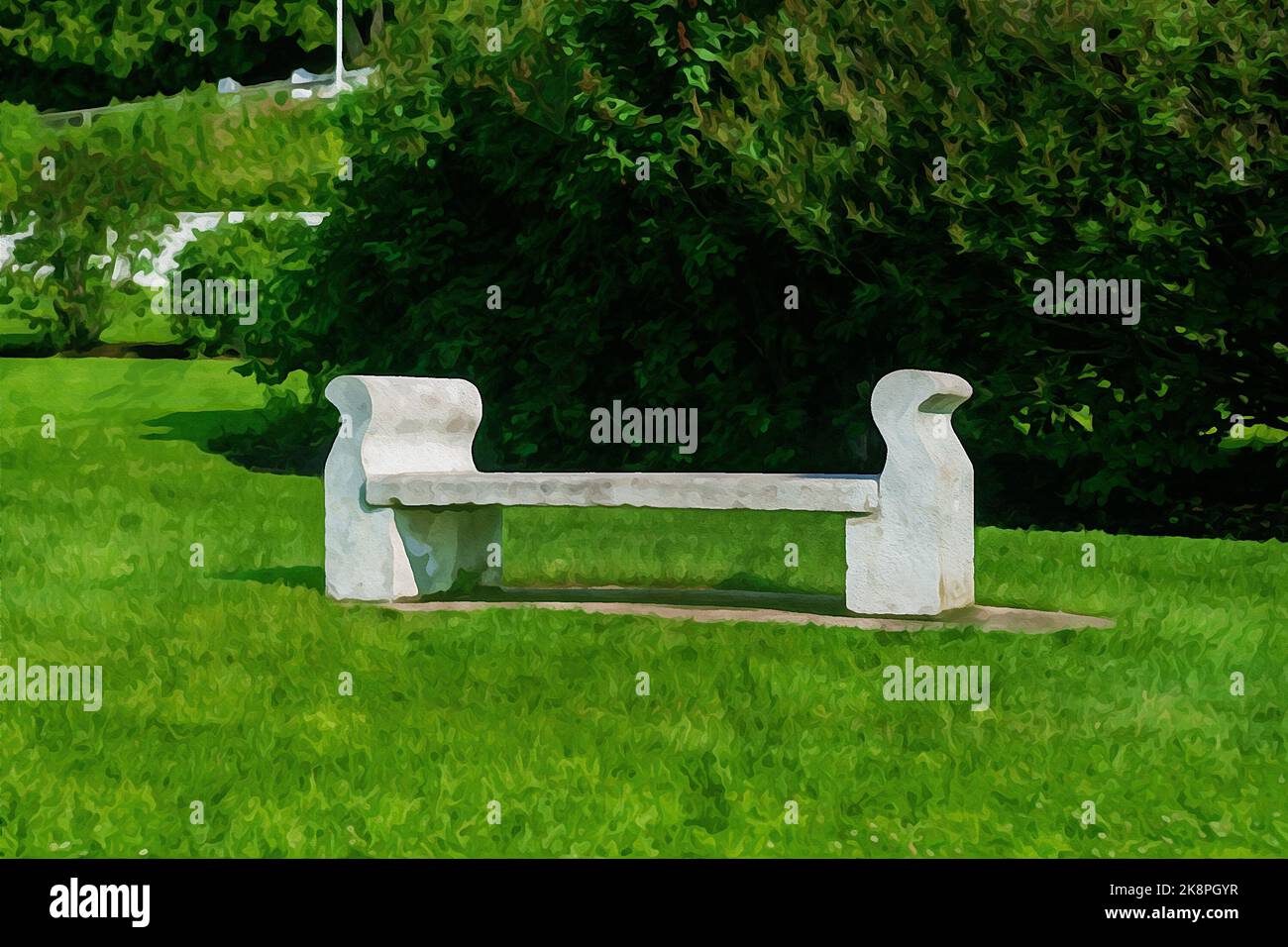 Digitally created watercolor painting of a relaxing cement bench ...