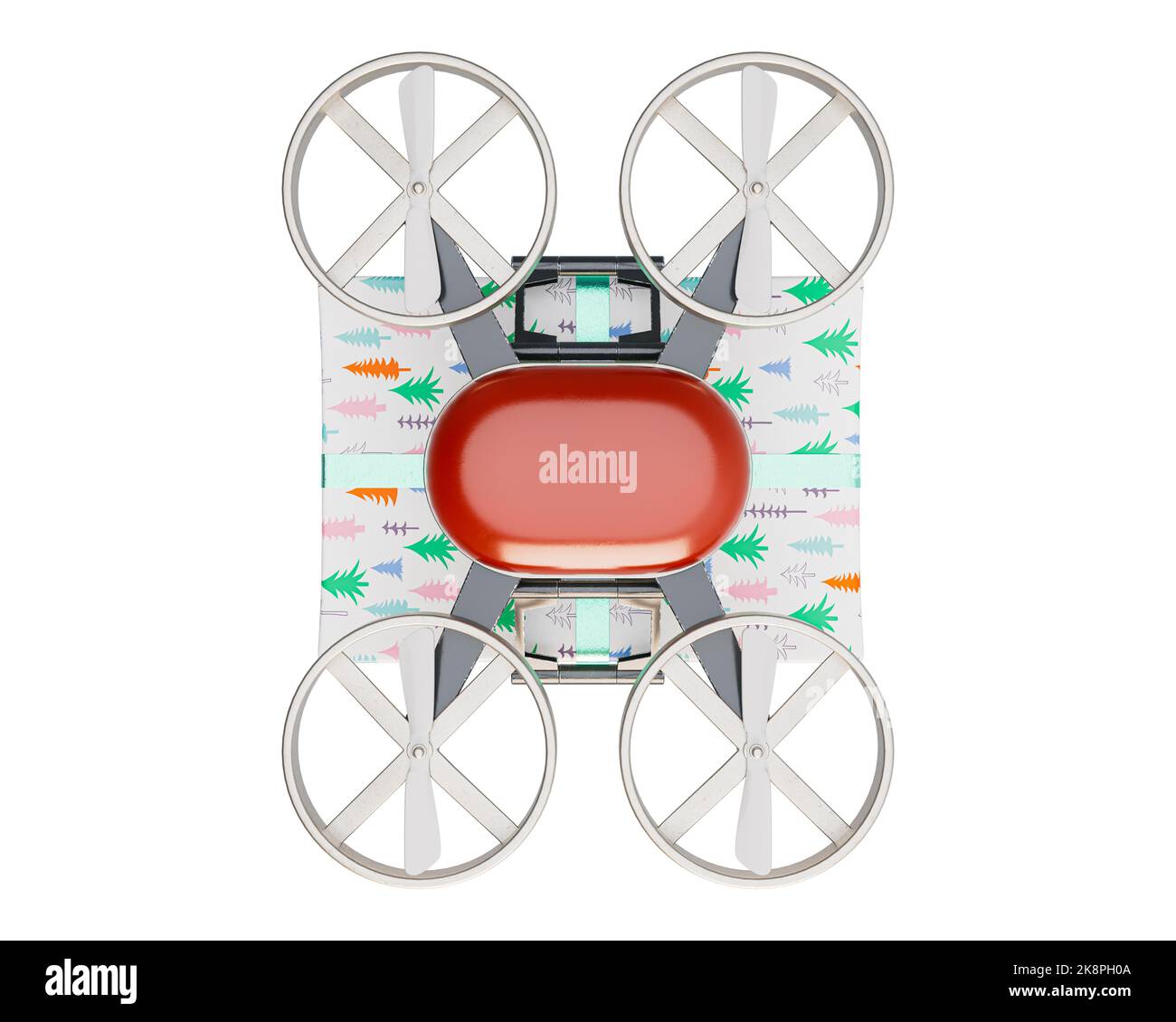 A concept showing a flying delivery drone carrying a christmas wrapped ...