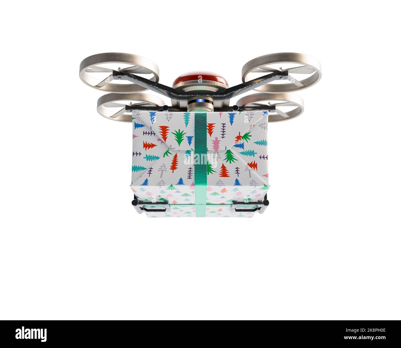 A concept showing a flying delivery drone carrying a christmas wrapped ...