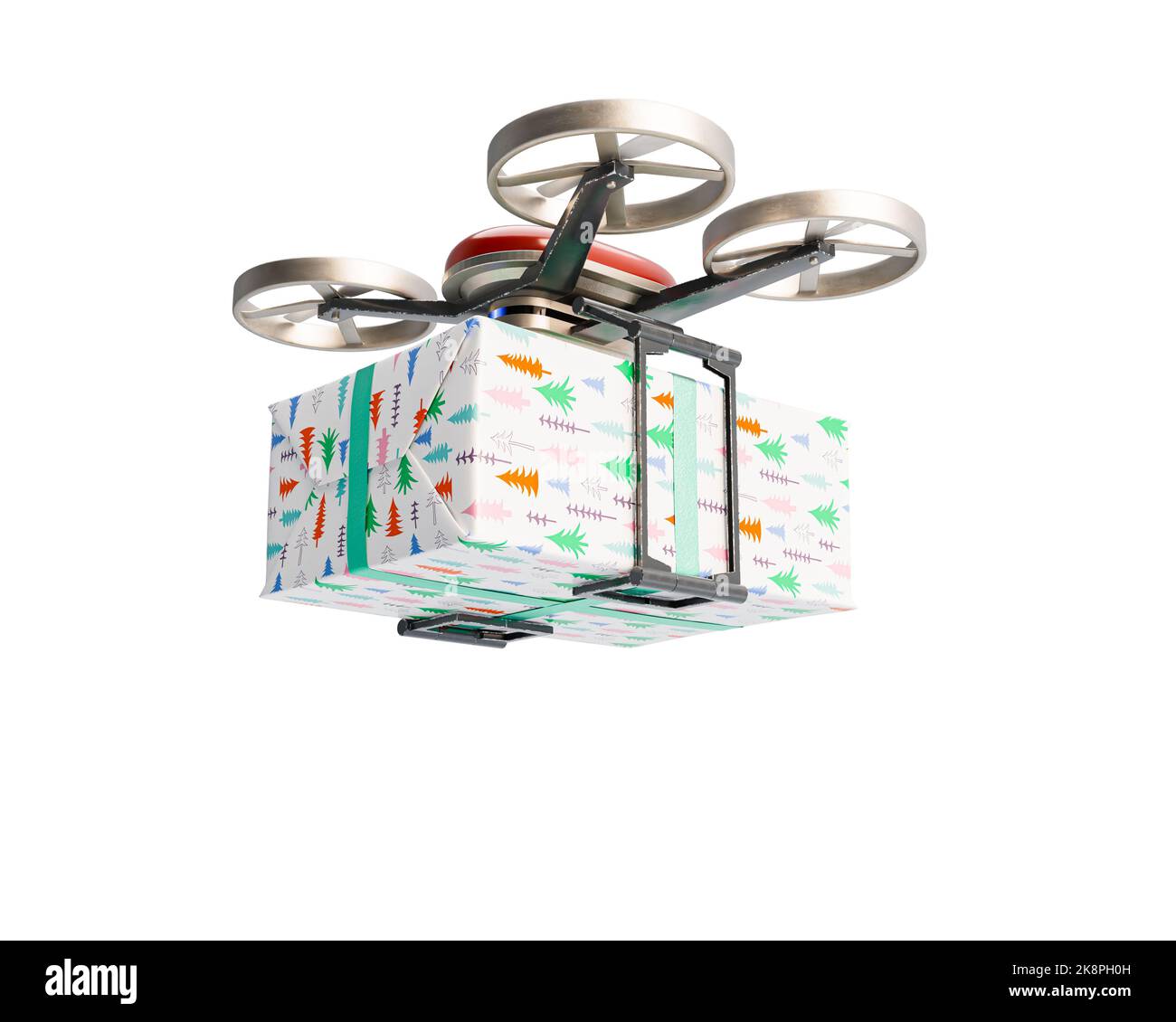 A concept showing a flying delivery drone carrying a christmas wrapped ...