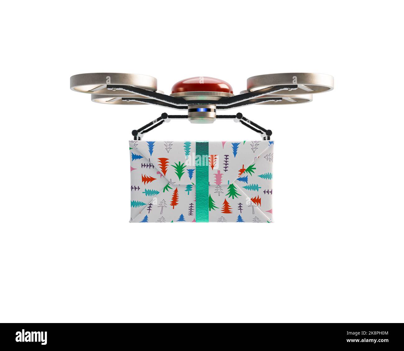 A concept showing a flying delivery drone carrying a christmas wrapped ...