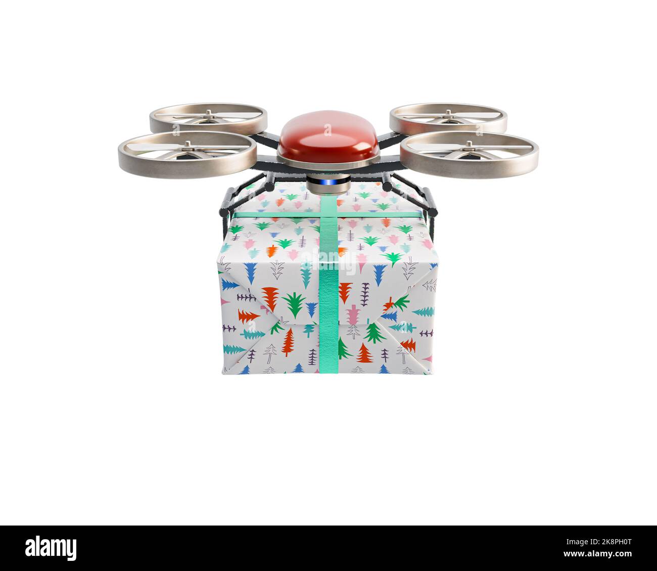 A concept showing a flying delivery drone carrying a christmas wrapped ...