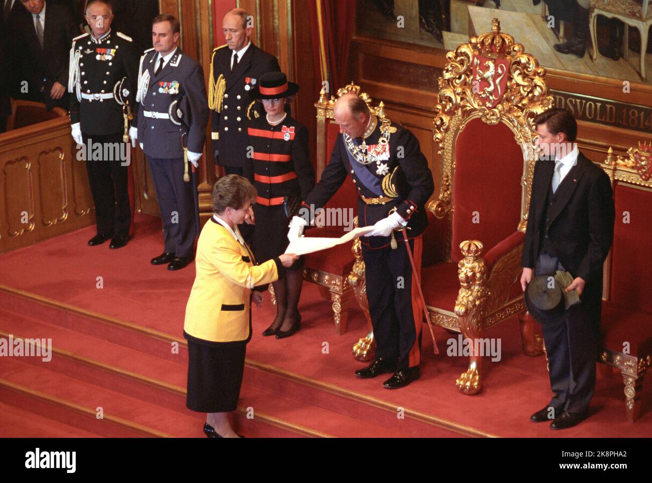 Oslo 19911002 - The opening of the 136 o. Storting. King Harald, Queen Sonja and Crown Prince ...