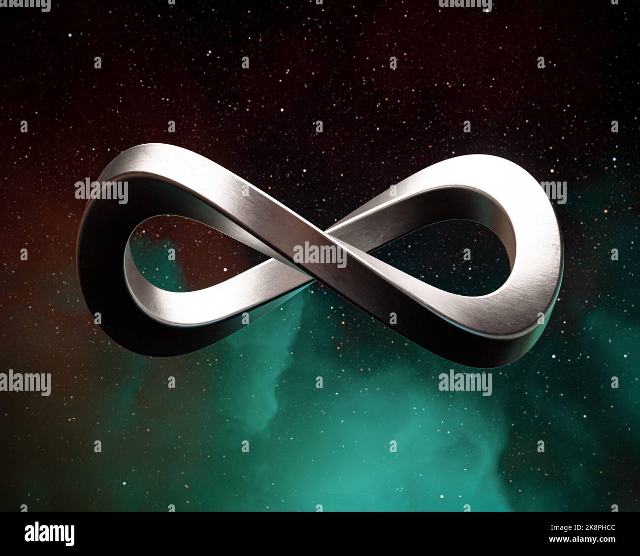 An infinity symbol made up of shiny metal square tubing on cosmic space ...