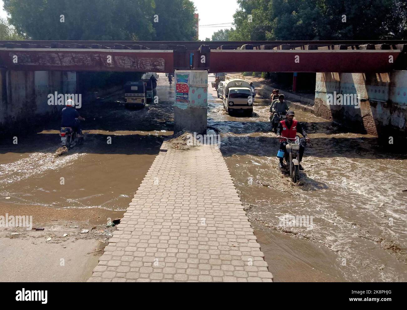 Hyderabad, Pakistan, October 24, 2022. Inundated road by overflowing ...