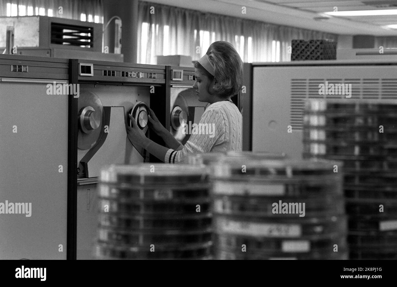 Oslo 19700805. Computers at Norsk Hydro. Woman in work at the computer ...