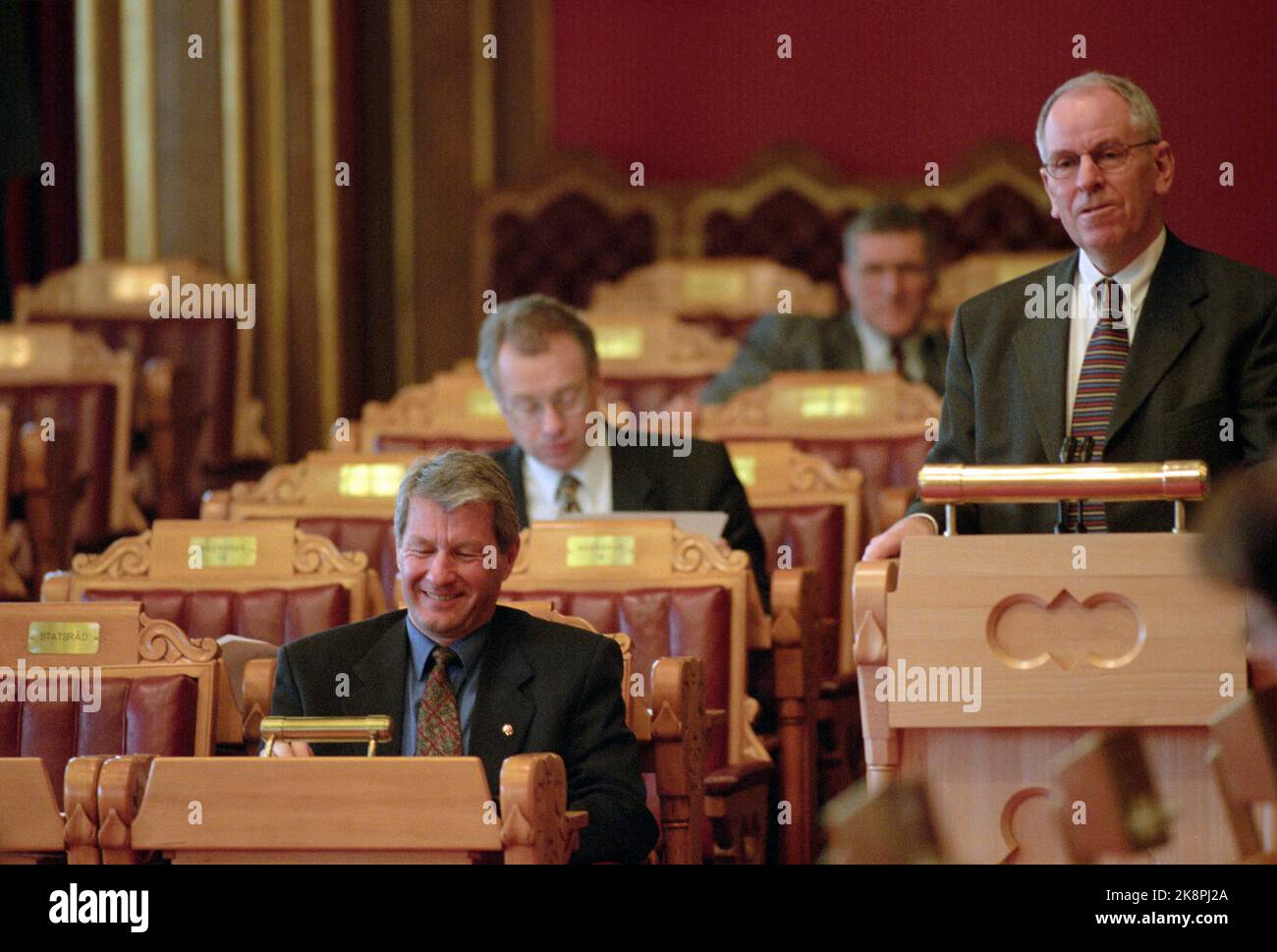 19970312 Prime Minister Thorbjørn Jagland (TV) listens while Kjell ...