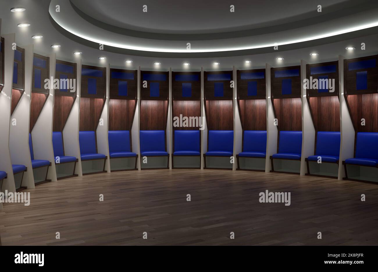 A sports locker room made of a semi circle of cubicles and a padded ...