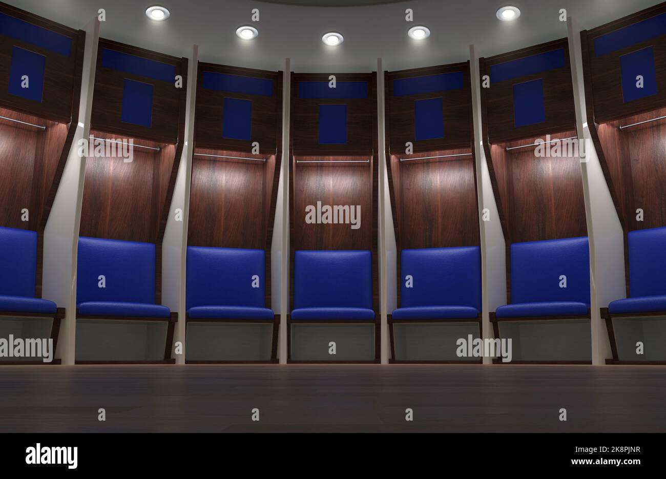 A sports locker room made of a semi circle of cubicles and a padded ...